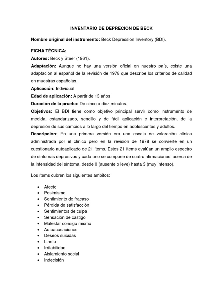 Test de Beck | PDF | Toma de decisiones | Depresión (estado de ánimo)