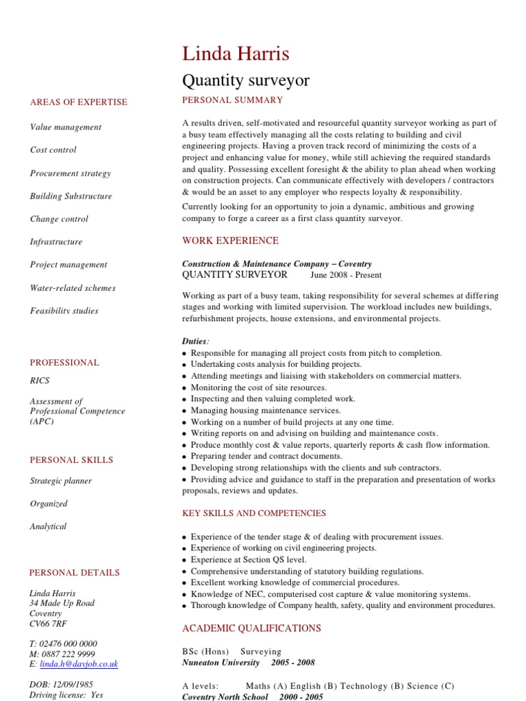 Quantity Surveyor CV Template | Download Free PDF | Competence (Human ...