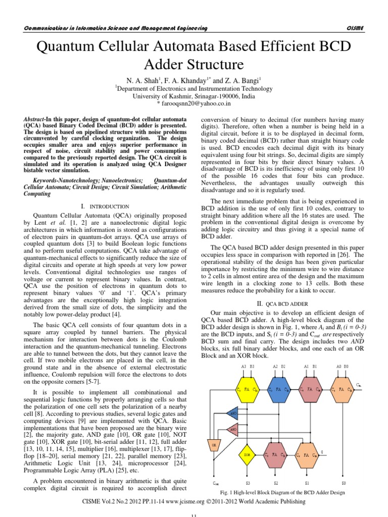 Quantum Cellular Automata Based Efficient BCD Adder Structure | PDF | Binary Coded Decimal ...