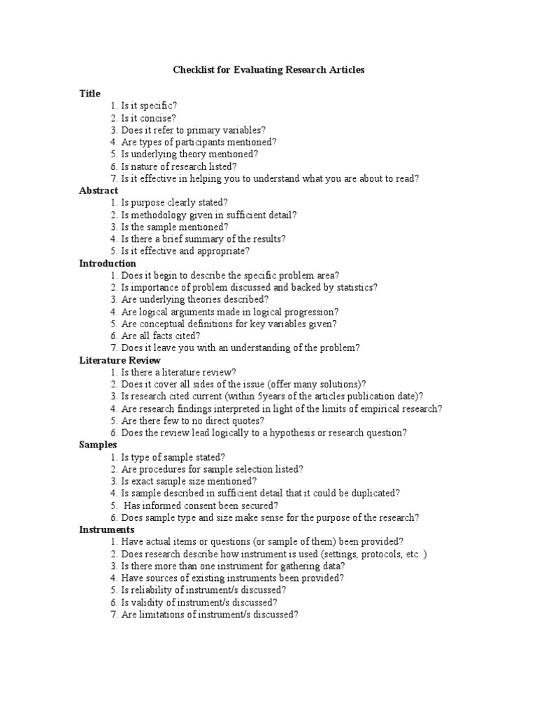 Checklist For Evaluating Research Articles | PDF | Academic Discipline ...