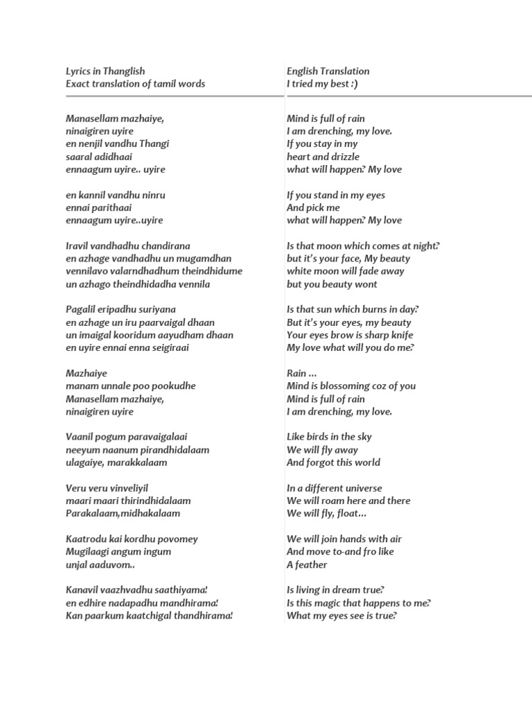 Thanglish lyrics translate rain-filled mind blossoming with love | PDF ...