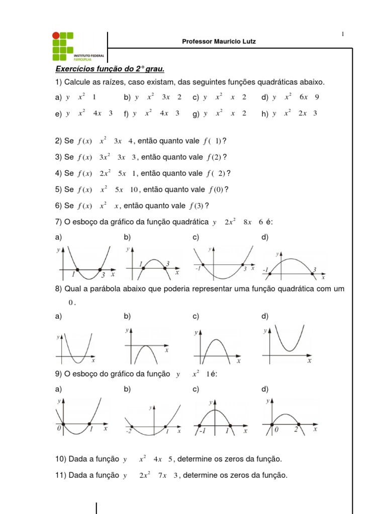 Exercícios Função De 2° Grau 2p