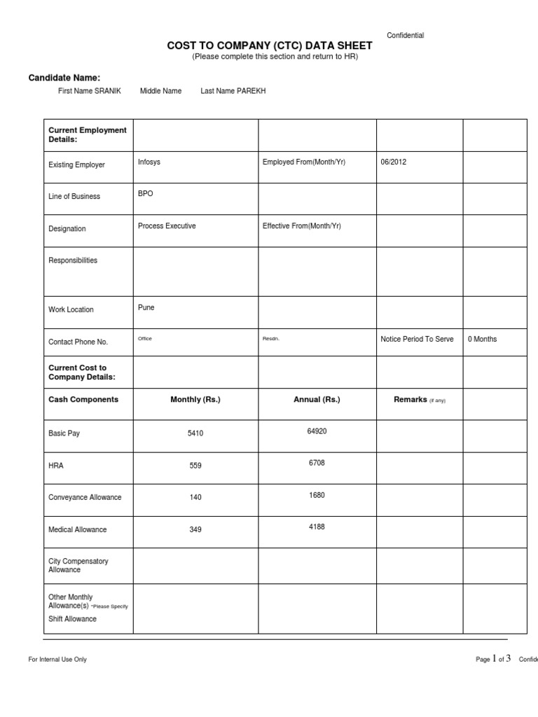 Cost To Company (CTC) Data Sheet: Candidate Name | PDF | Career ...