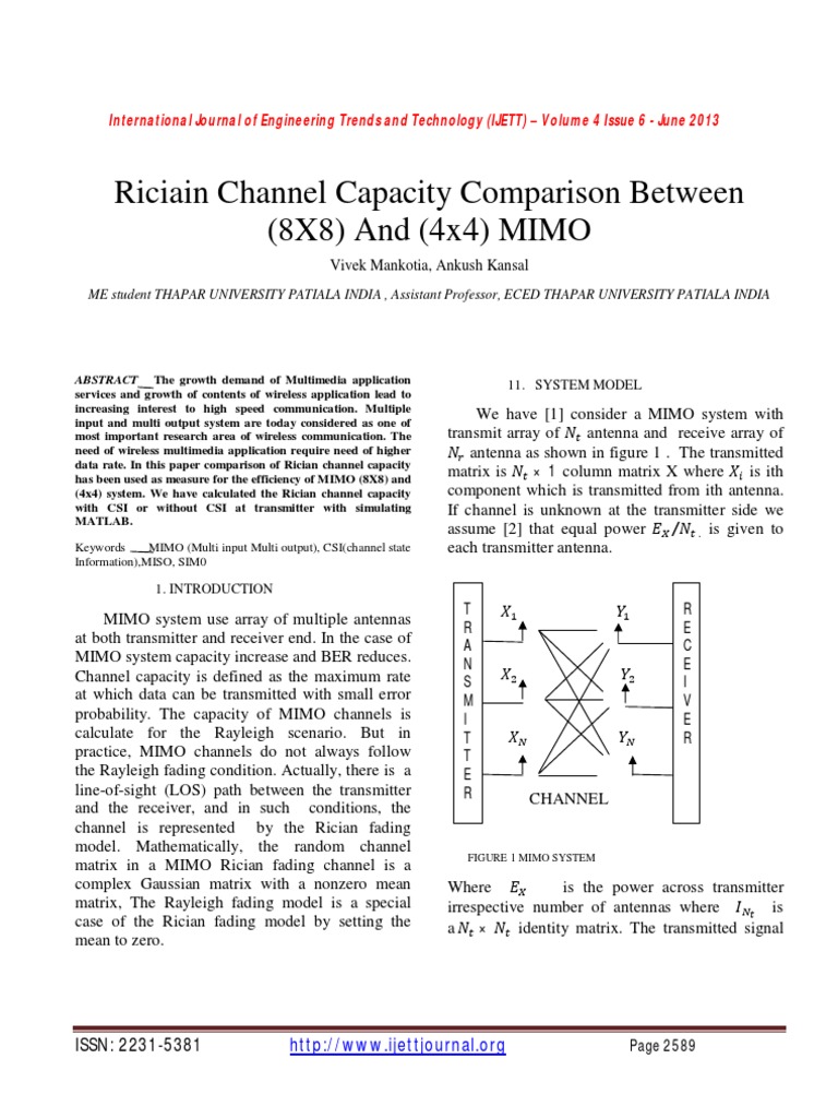 Riciain Channel Capacity Comparison Between (8X8) and (4x4) MIMO | PDF ...