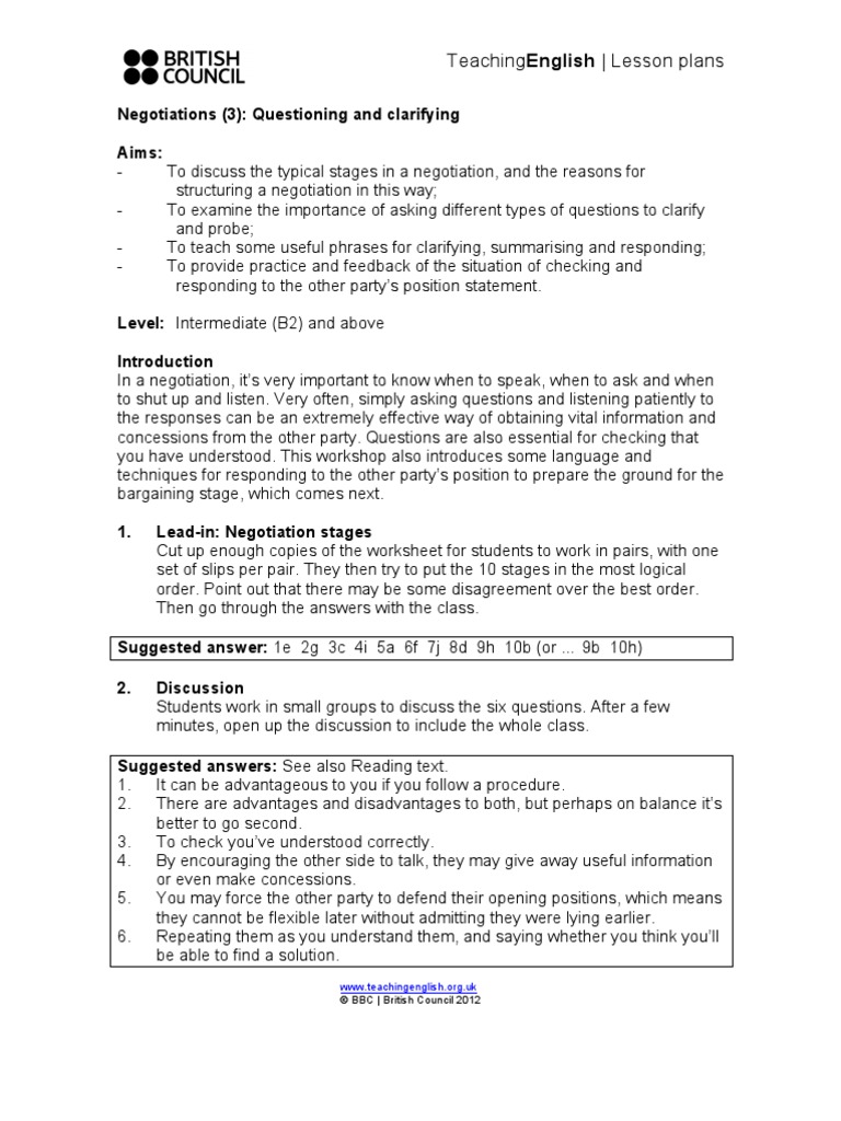 Negotiations 3 - Questioning and Clarifying - Lesson Plan | PDF ...