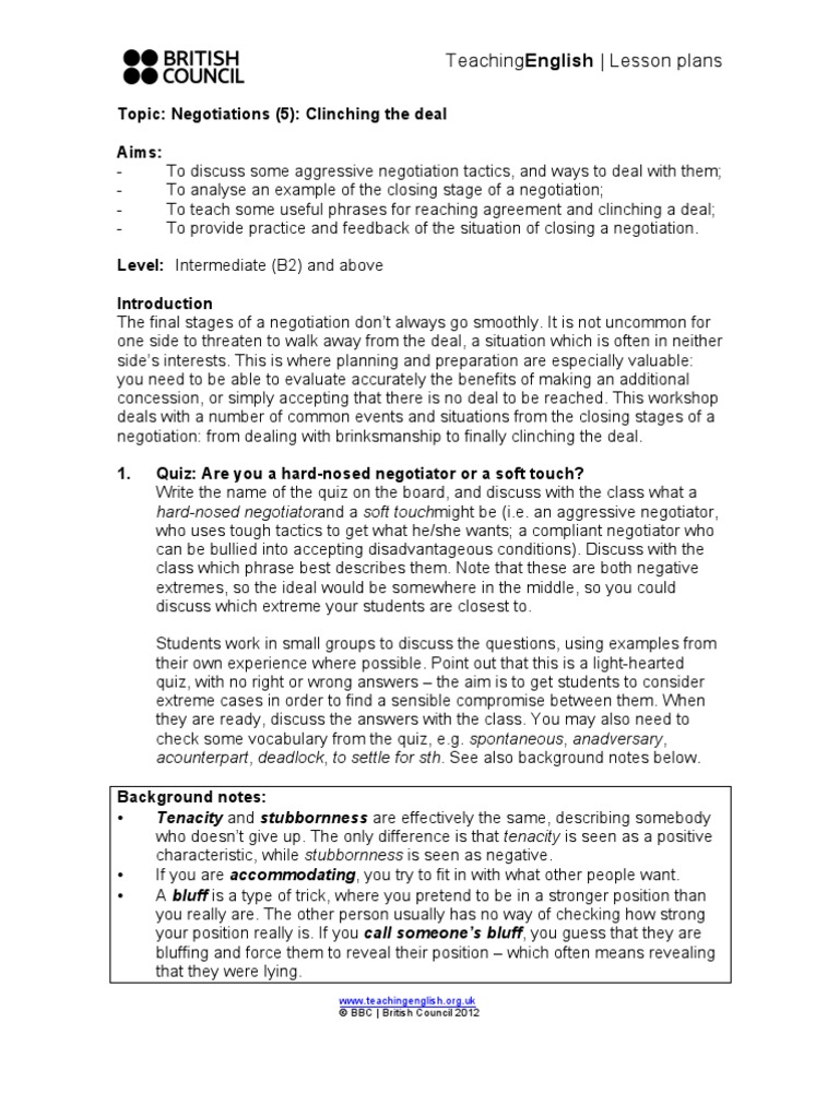 Negotiations 5 - Clinching The Deal - Lesson Plan | PDF | Franchising ...