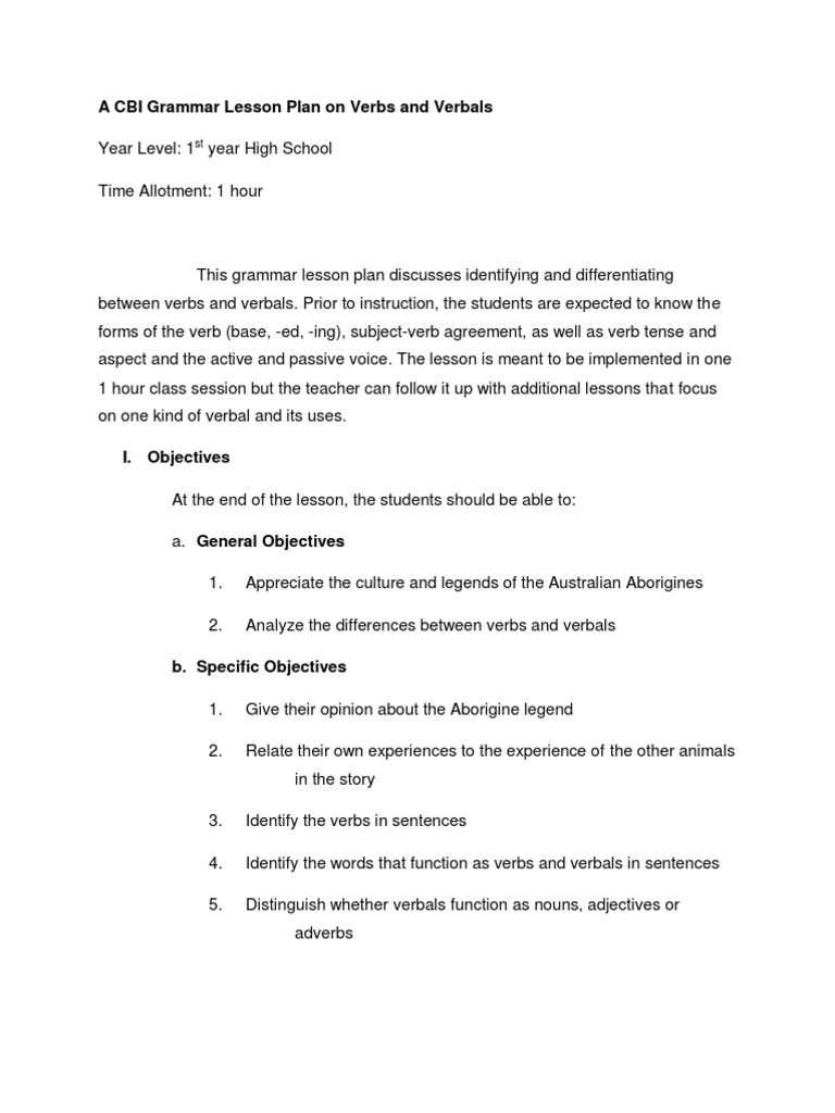 CBI Lesson Plan On Verbs and Verbals | PDF | Verb | Sentence (Linguistics)