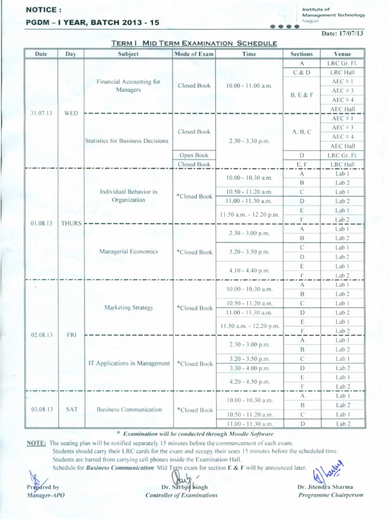 PGDM 2013-15 Midterm Exam Schedule | PDF