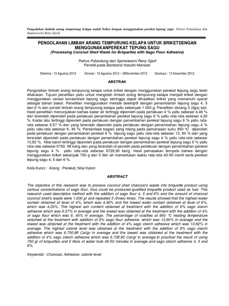 Pengolahan Limbah Arang Tempurung Kelapa Untuk Briket Dengan Menggunakanperekat Tepung Sagu ...