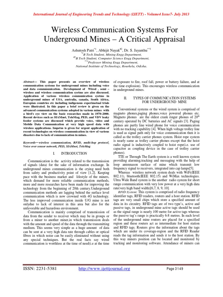 Wireless Communication Systems For Underground Mines - A Critical ...