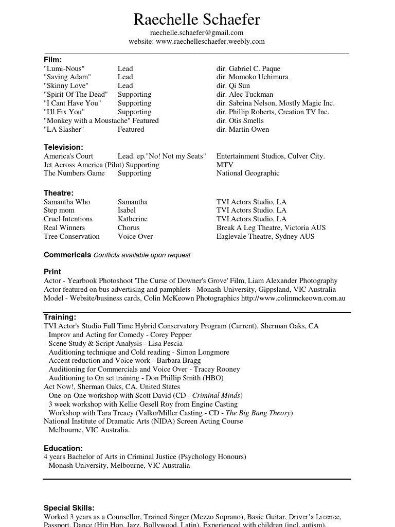 Raechelle J Schaefer Entertainment Resume Current Website | PDF