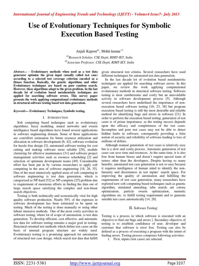 Use Of Evolutionary Techniques For Symbolic Execution Based Testing Pdf Mathematical