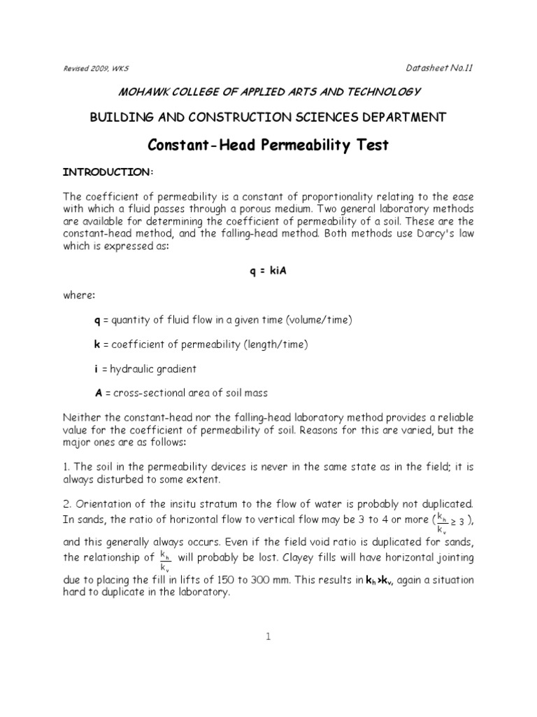 Constant Head Permeability Procedure - 09-08-12 | Download Free PDF ...