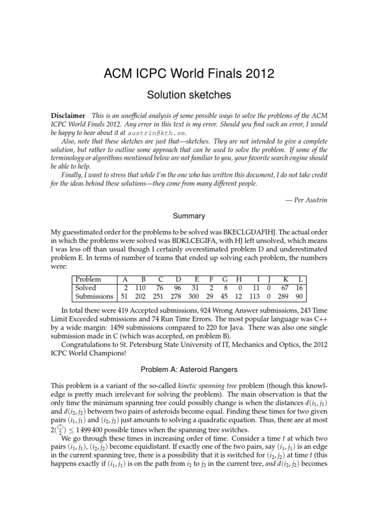 ACM ICPC Finals 2012 Solutions | PDF | Dynamic Programming | Vertex (Geometry)