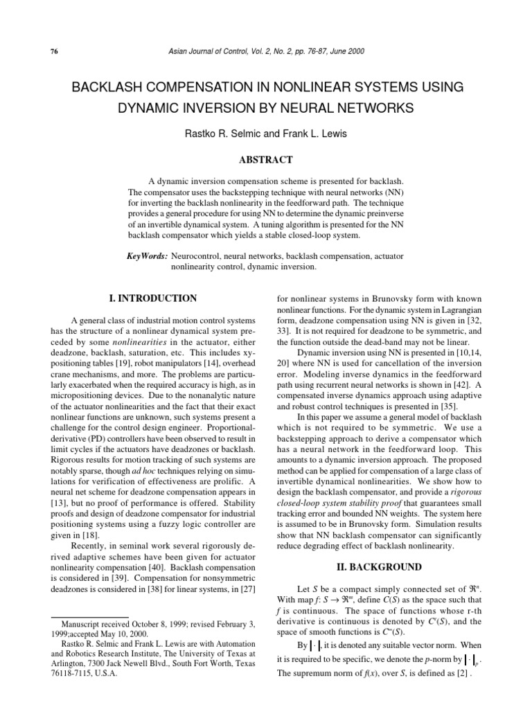 Backlash Compensation in Nonlinear Systems Using Dynamic Inversion by Neural Networks | PDF ...