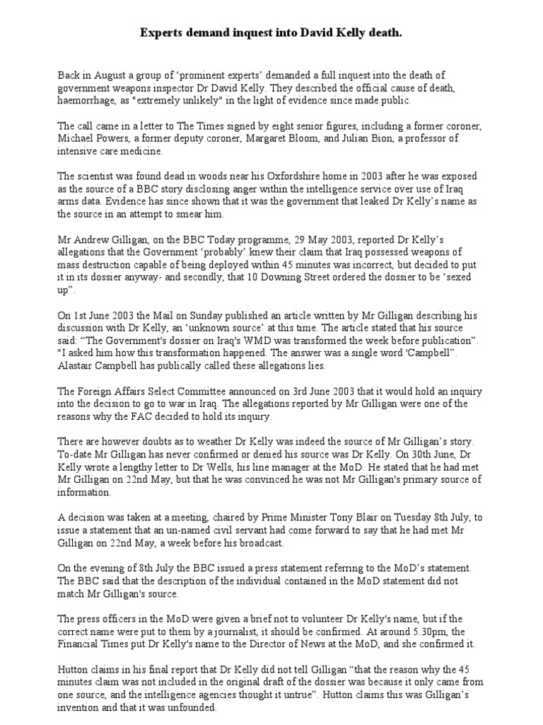 Experts Demand Inquest Into David Kelly Death | PDF | Armed Conflict ...