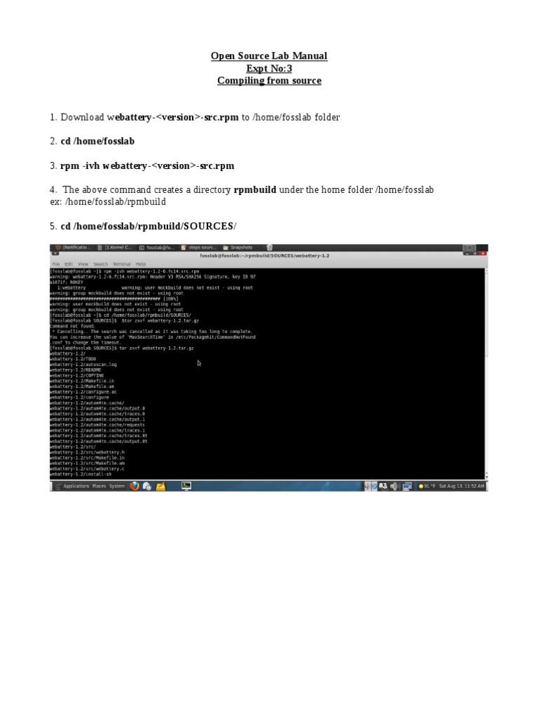 Open Source Lab Manual Expt No:3 Compiling From Source | PDF | Source Code | Directory (Computing)