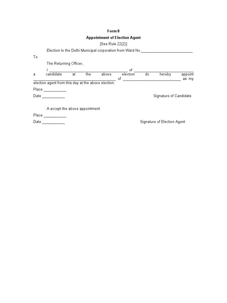 Form 8 Appointment of Election Agent | PDF | Elections | Delhi