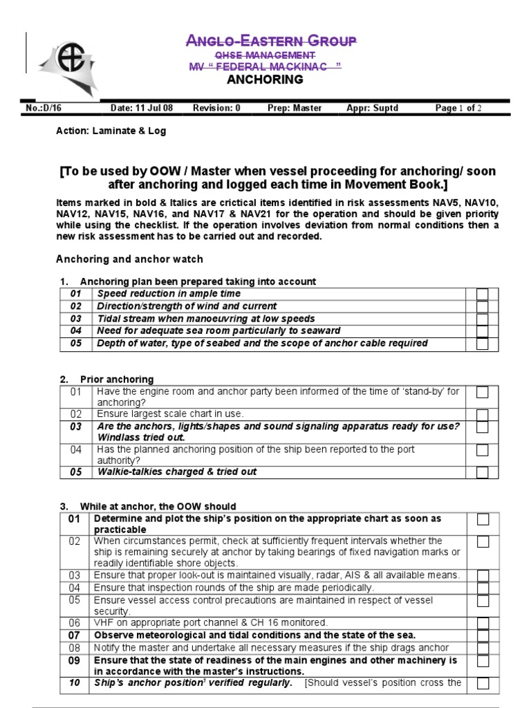 Anchoring Procedure Checklist for Ships | PDF | Anchor | Ships