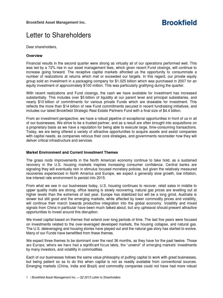 Brookfield Asset Management q2 2013 Letter To Shareholders | PDF ...