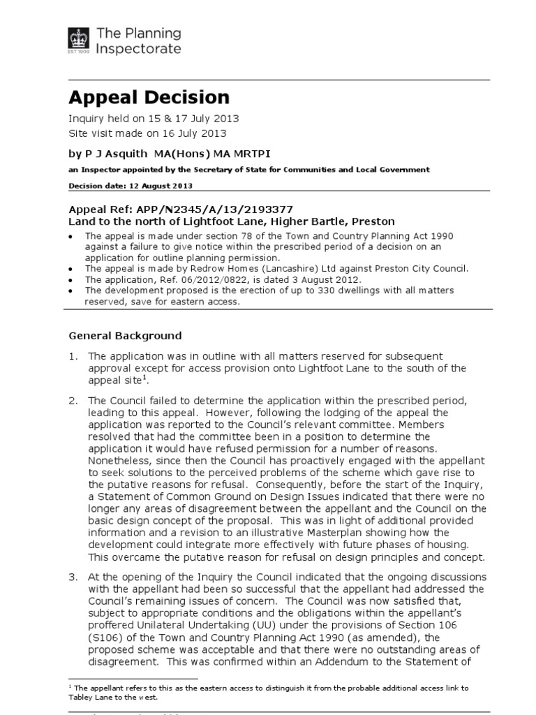 Planning Inspector Appeal Decision - Redrow Homes in Fulwood | PDF ...