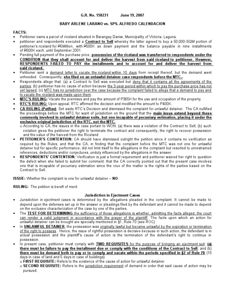 Baby Arlene Larano vs. Sps. Alfredo Calendacion | Download Free PDF ...