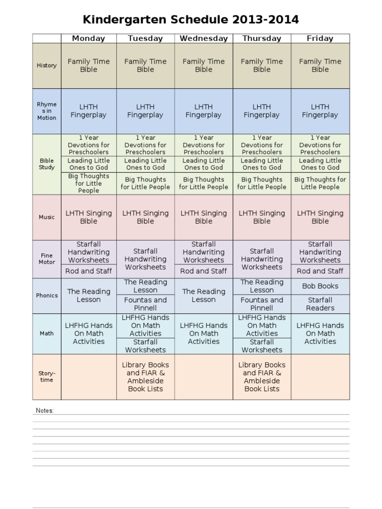 Kindergarten Weekly Schedule | PDF