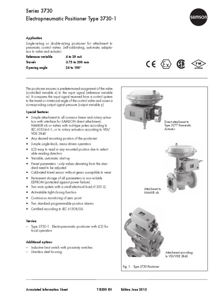 Series 3730 Electropneumatic Positioner Type 3730-1: Application ...