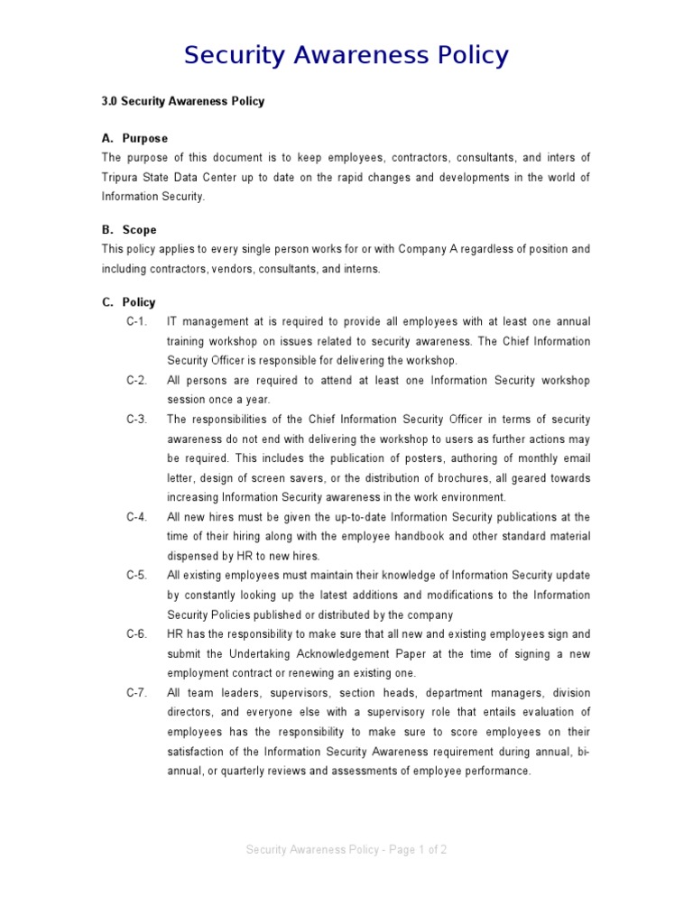 Sample Security Awareness Policy ISO 27001 | PDF | Information Security ...