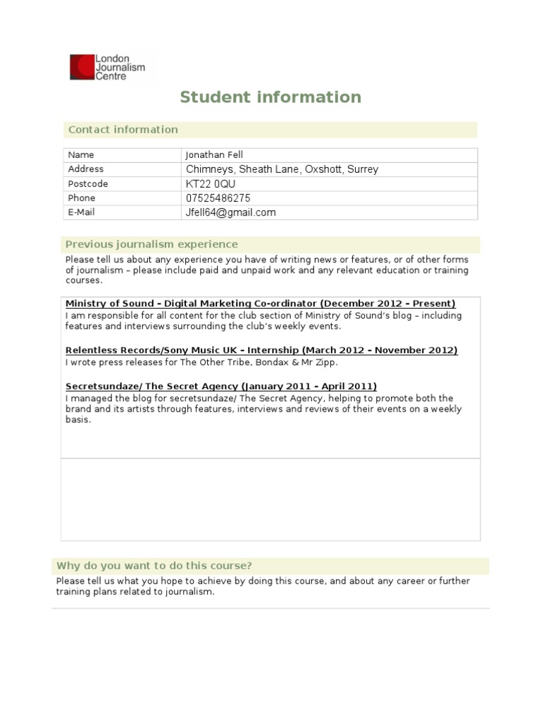 Student Information Form | PDF