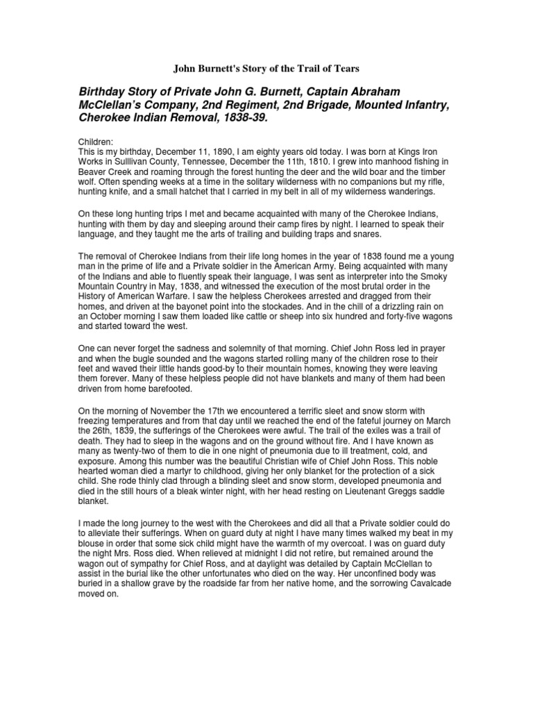 Trail of Tears Primary Source John G. Burnett | PDF | Cherokee | Trail ...
