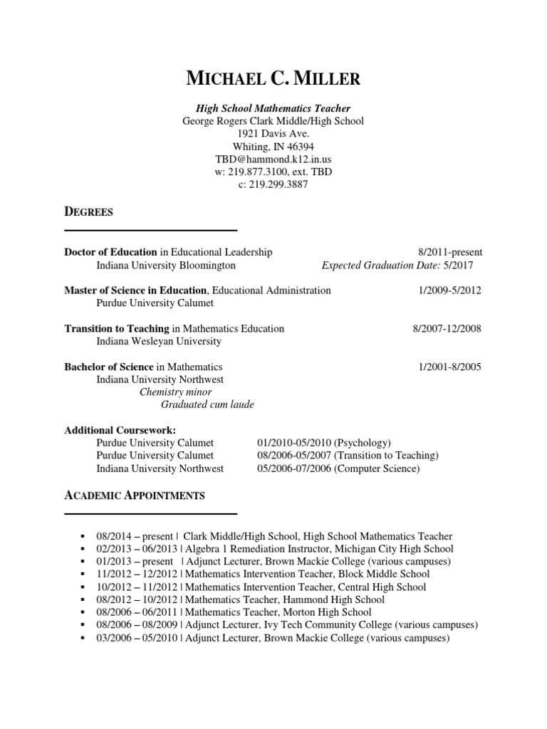 Michael C. Miller's Curriculum Vitae | PDF | Secondary School | Indiana ...