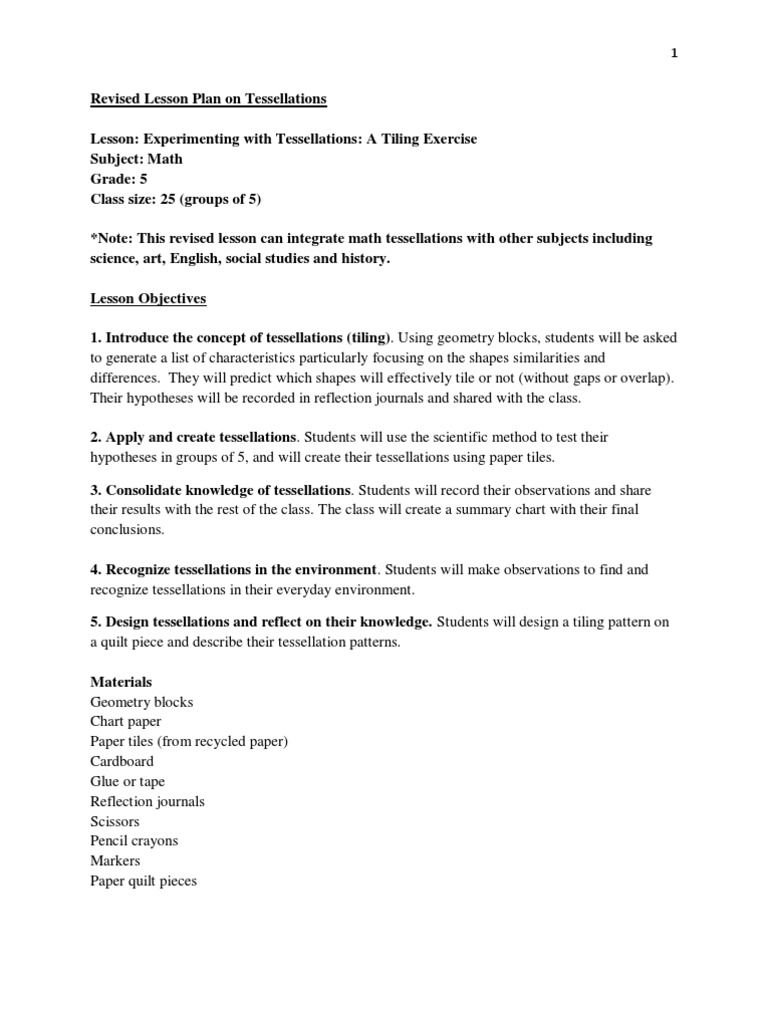 Revised Lesson Plan On Tessellations - Diana NG | PDF | Teaching ...