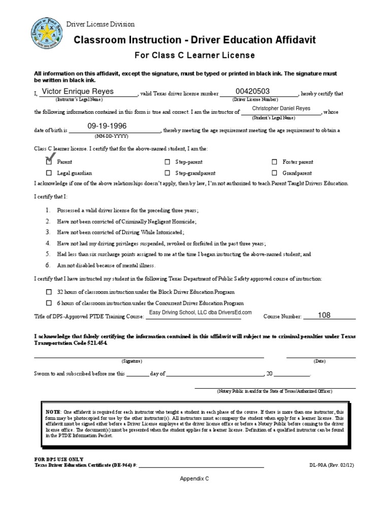 DL 90A Classroom Instruction - Driver Education Affidavit | PDF ...