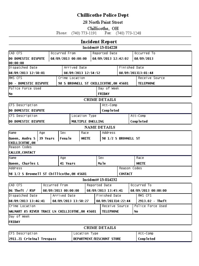Chillicothe Police Reports For August 13th 2013eport | PDF | Arrest ...