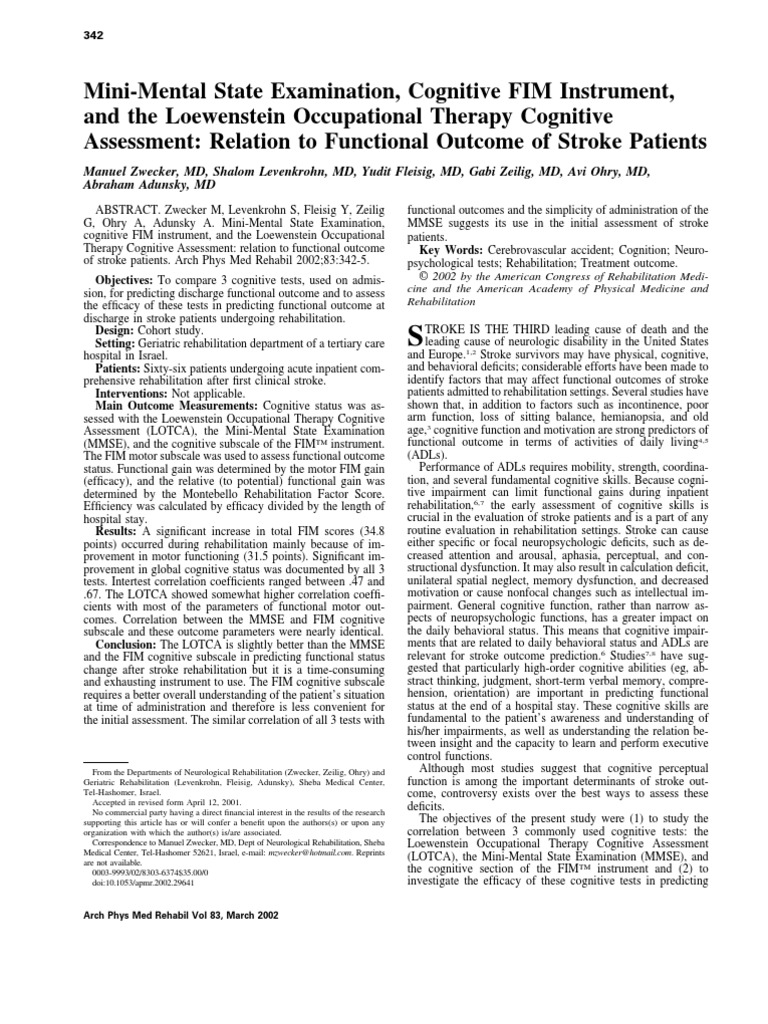 Mini-Mental State Examination, Cognitive FIM Instrument, and the ...