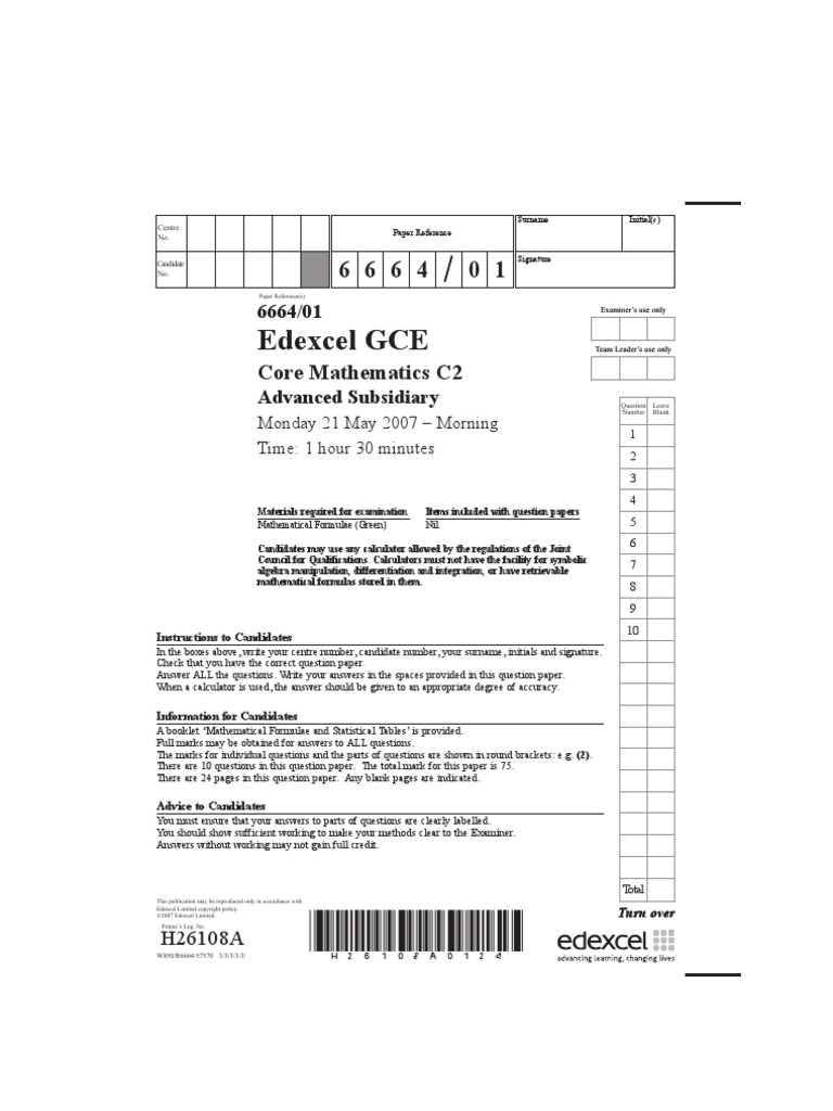 Edexcel GCE Core 2 Mathematics C2 Advanced Subsidary May 2007 6664/01 ...