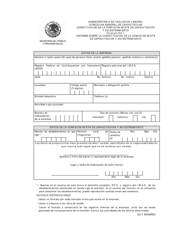 Formato Dc1 Datos Generales de La Empresa y Establecimientos Donde Rige ...