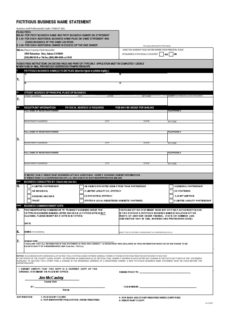 Placer County Fictitious Business Name Form | PDF | Partnership ...