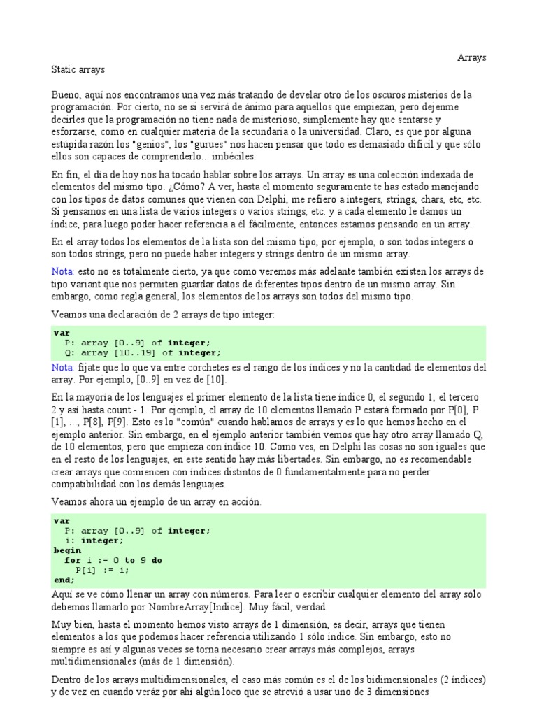 Arrays en Delphi | PDF | Estructura de datos de matriz | Puntero (Programación de computadora)