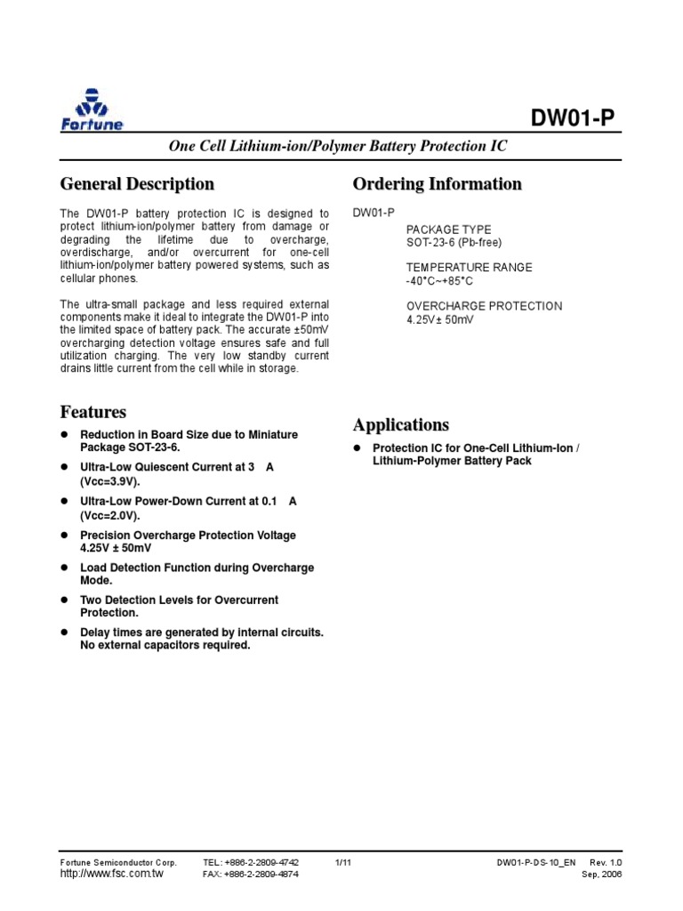 DW01-P DataSheet V10 | PDF | Mosfet | Battery Charger