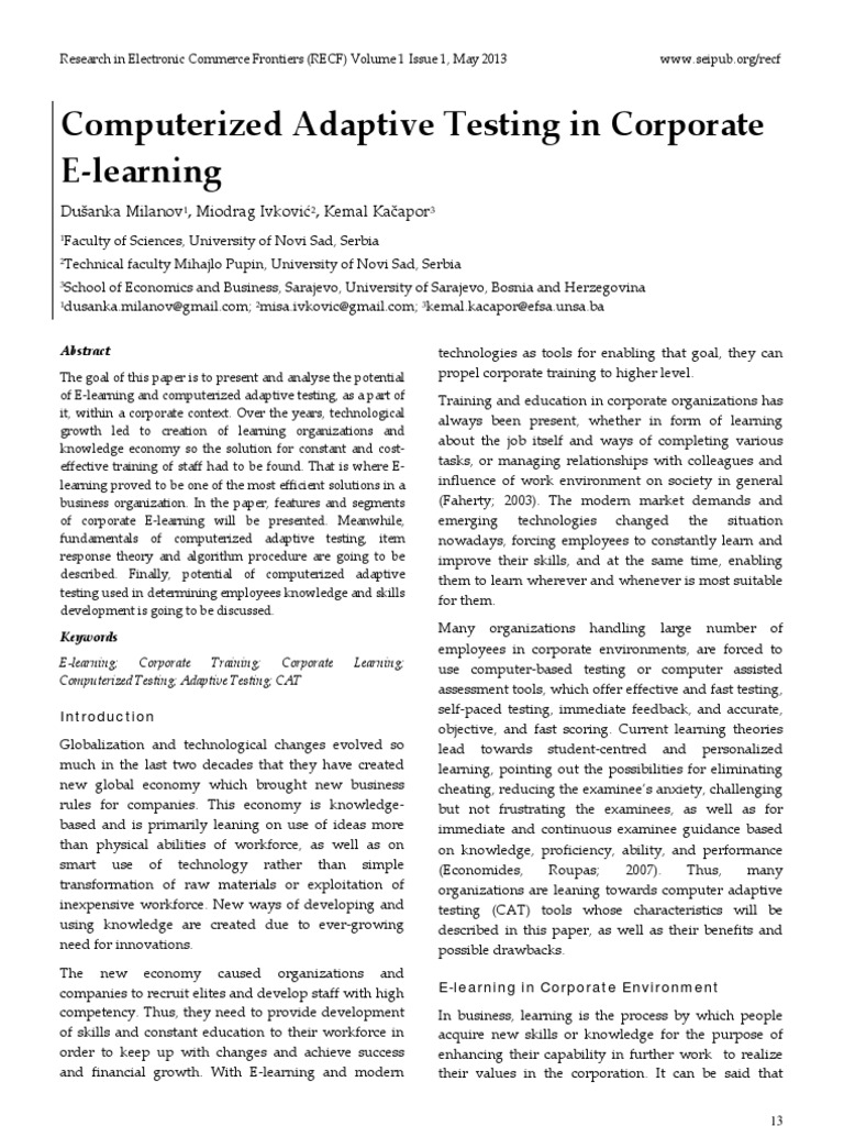 Computerized Adaptive Testing In Corporate E Learning Educational Technology Test Assessment 