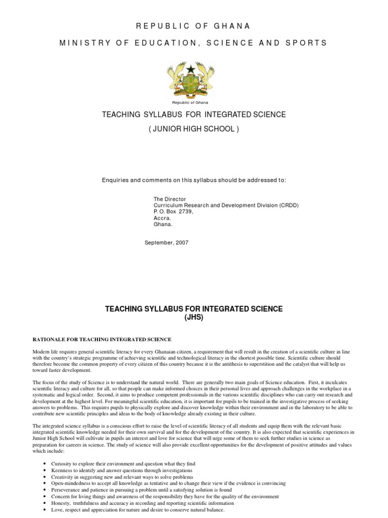 JHS Integrated Science Teaching Syllabus | PDF | Educational Assessment ...