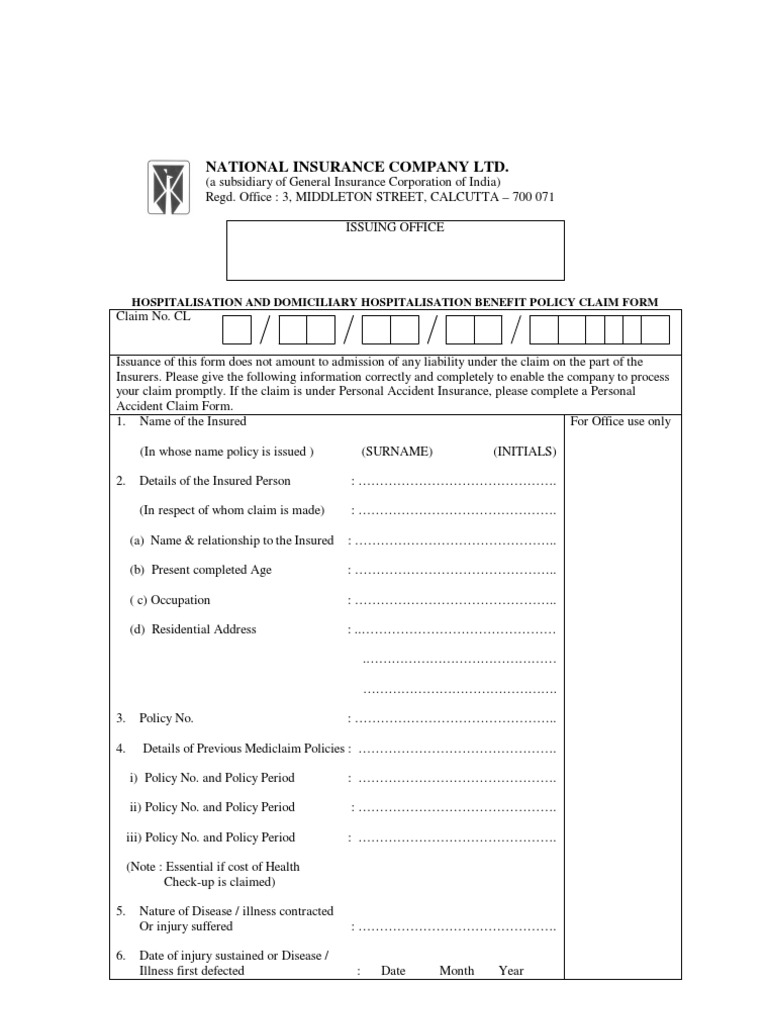 Reimbursement Claim Form of National Insurance Compnay | PDF | Hospital ...