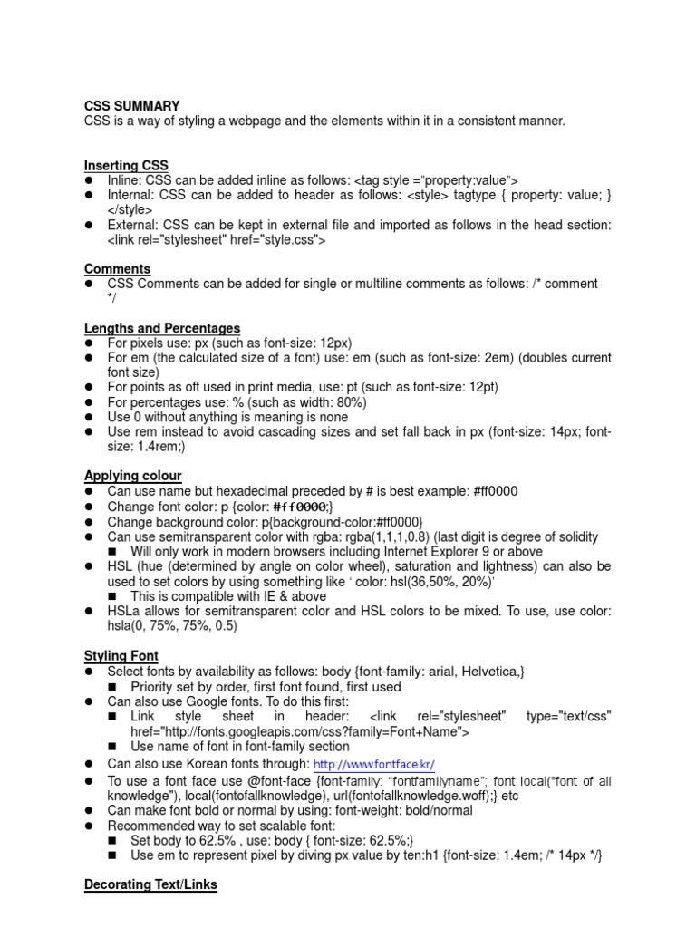 CSS Summary | PDF | Cascading Style Sheets | Typefaces