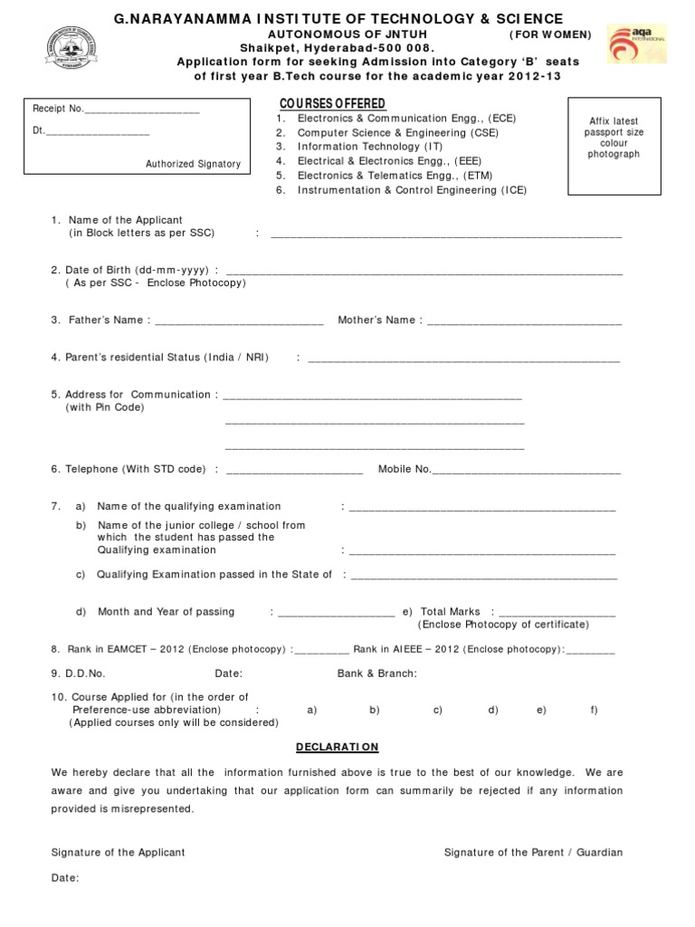 B.Tech Admission Application Form 2012-13 | PDF