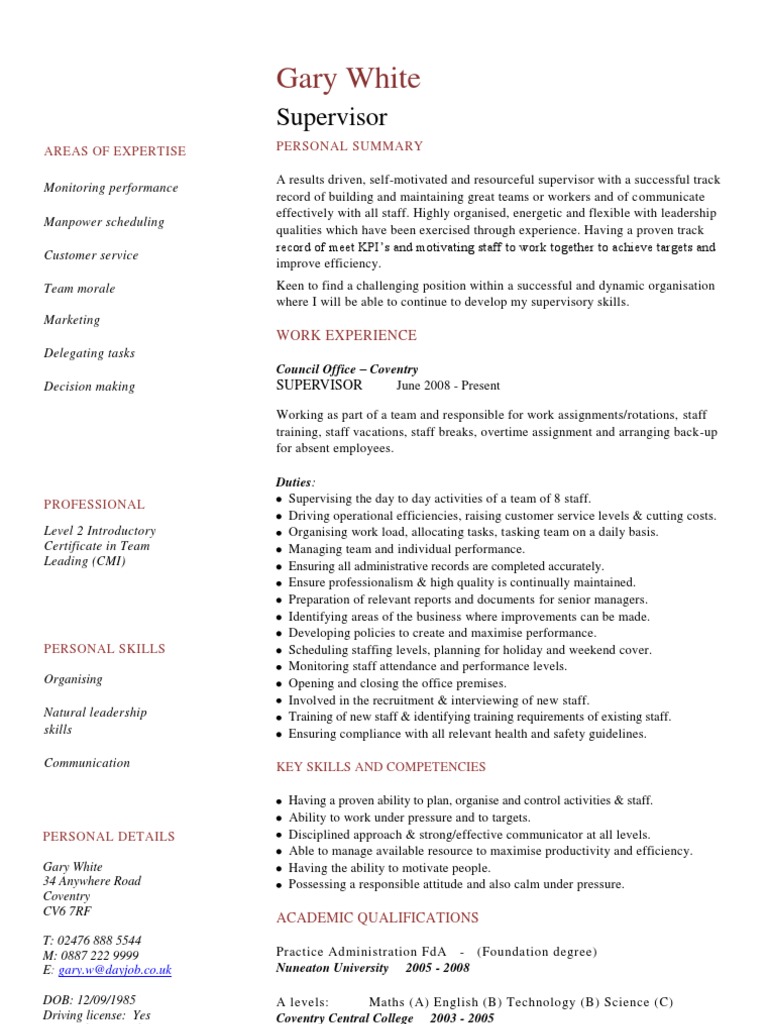 Supervisor CV Template | Download Free PDF | Business | Leadership