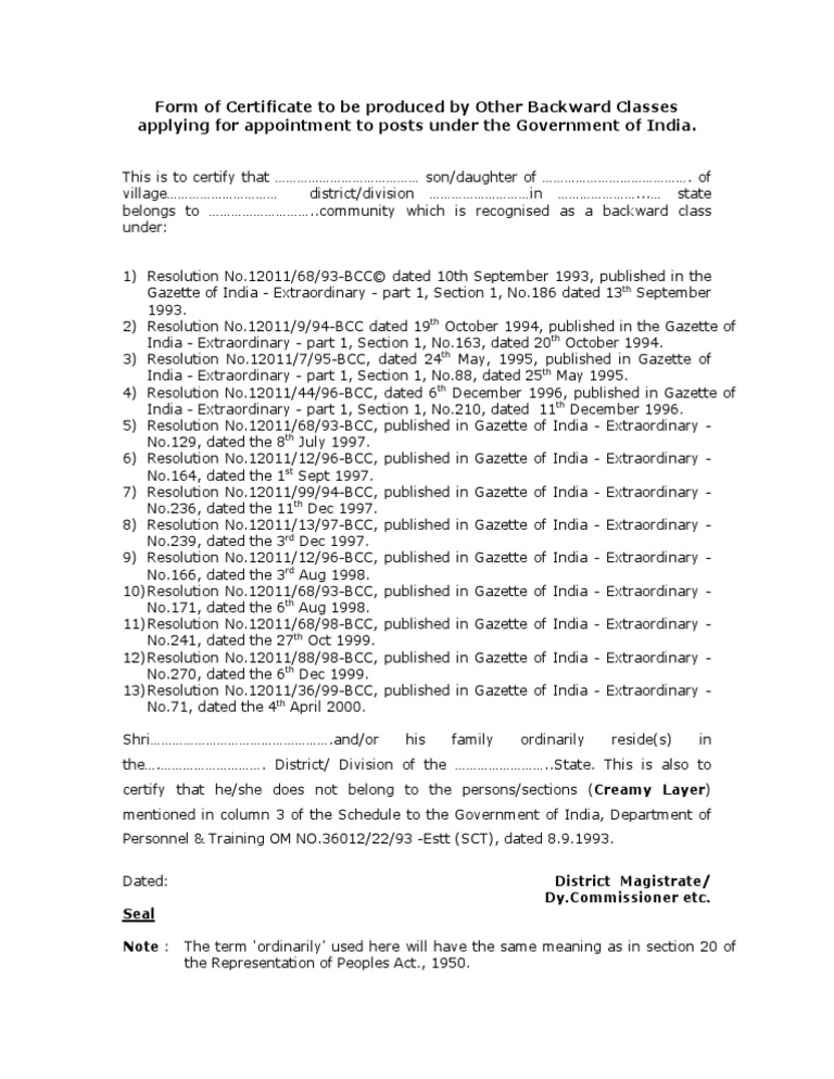 Form of Certificate To Be Produced by Other Backward Classes Applying ...