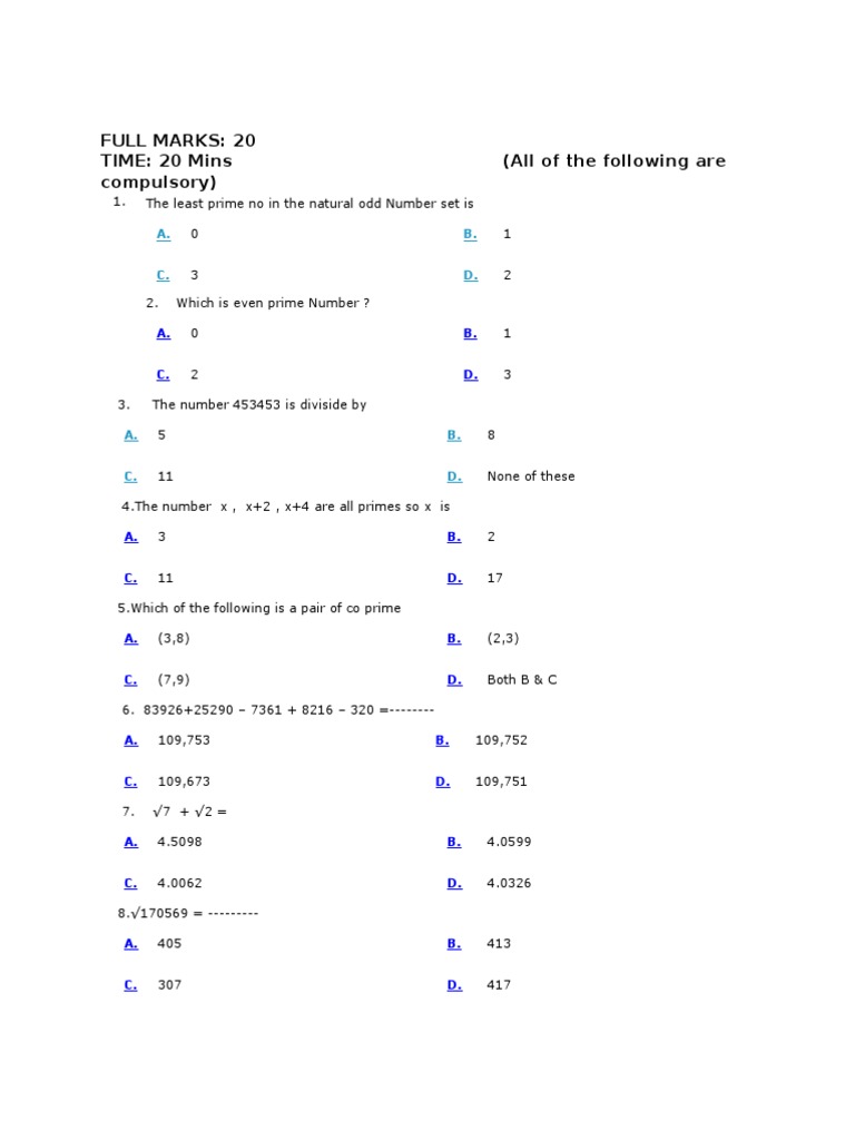 Math Quiz: Prime Numbers & Ratios | PDF