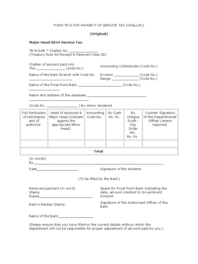 (Original) Major Head 0044 Service Tax: Form Tr-6 For Payment of ...